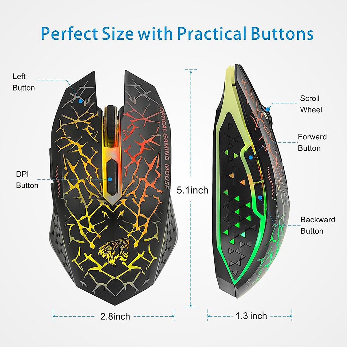 Uciefy Q8 Wireless Gaming Computer Mouse, 2.4GHz USB Optical Rechargeable Ergonomic LED Wireless Silent Mouse, 3 Adjustable DPI, 6 Buttons, Compatible with PC, Laptop, Notebook, Desktop (Black)