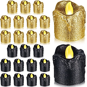 24 Pack Gold Glitter LED Tealights with Dripping Wax Design Black Flameless Candles Battery Operated Votive Tea lights of Warm Yellow Light Decor for Christmas Wedding Centerpieces Table Anniversary