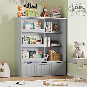 FOTOSOK Toy Storage Organizer with Sliding Book Shelf, Toy Organizers and Storage with 3 Movable Drawers and 6 Storage Cubbies, Playroom Organization and Storage Kids Bookshelf for Playroom, Bedroom