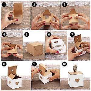 BELLE VOUS 50 Pack Mini White & Brown Heart Gift Boxes - 2 x 2 x 2 inch Wedding & Party Favor Paper Candy Kraft Boxes with Cute Twine Handles