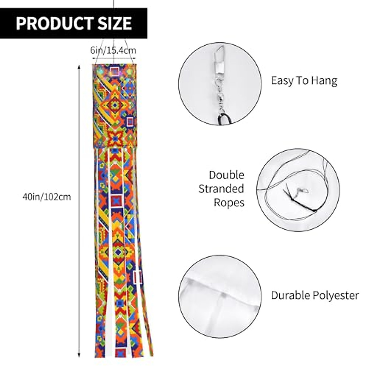 Mosaic-Ceramic Tile Pattern Halloween Windsocks Flag 40 Inch Flag Wind Socks Outdoor Hanging Decoration Halloween Decorations Halloween Decor Outdoor for Home Yard Patio with Led Light