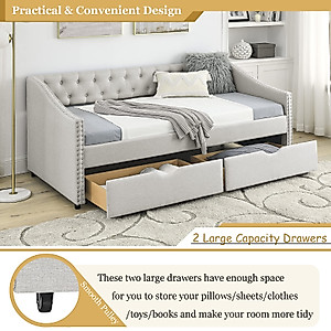 SmartDer Wood Twin Daybed, Day Bed Frame with 2 Storage Drawers, Upholstered Twin Bed Frame Sofa Couch with Button and Nailhead Design for Bedroom Guest Room, No Box Spring Needed, Beige