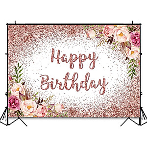 Avezano Rose Gold Birthday Backdrop for Girls Women Happy Birthday Party Photography Background Blush Pink Floral Rose Gold Glitters Confetti Bday Decoration Photoshoot Banner (7x5ft)