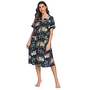 Ekouaer House Dress for Women with Pockets Button Front Duster Housecoat Short Sleeve Nightgown Dress Floral Woven Lounger Robe, Navy, Large