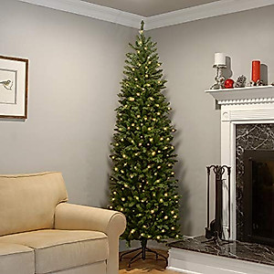 National Tree Company Artificial Pre-Lit Slim Christmas Tree, Green, Kingswood Fir, White Lights, Includes Stand, 9 Feet
