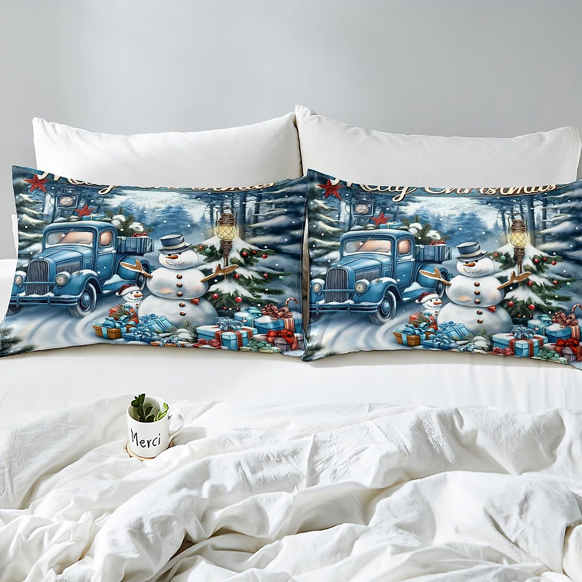 Manfei Christmas Duvet Cover,Snowy Trailer Truck Xmas Gifts Quilt Cover(No Filler),Winter Snowman Pine Trees Romantic Blue White Bedding Set with 2 Pillowcases,Teens Room Decor,Queen Size
