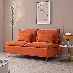 Tmosi 59'' Linen Upholstered Loveseat Sofa Couch,2 Seater Sofa with 2 Throw Pillows,Armless Settee Bench with Golden Metal Legs for Living Room,Bedroom,Office,Apartment (Orange, Armless Loveseat)