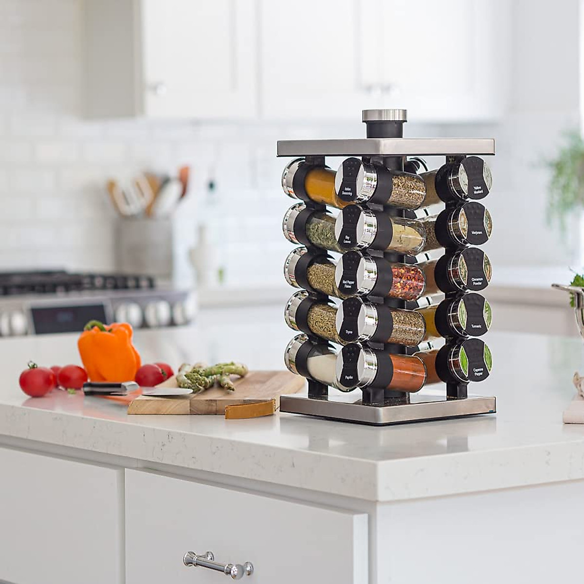 Orii Rotunda 20 Jar Spice Rack Filled with Spices & Top Label - Rotating Standing Rack Shelf Holder & Countertop Spice Rack Tower Organizer for Kitchen Spices, Free Spice Refill for 5 Years
