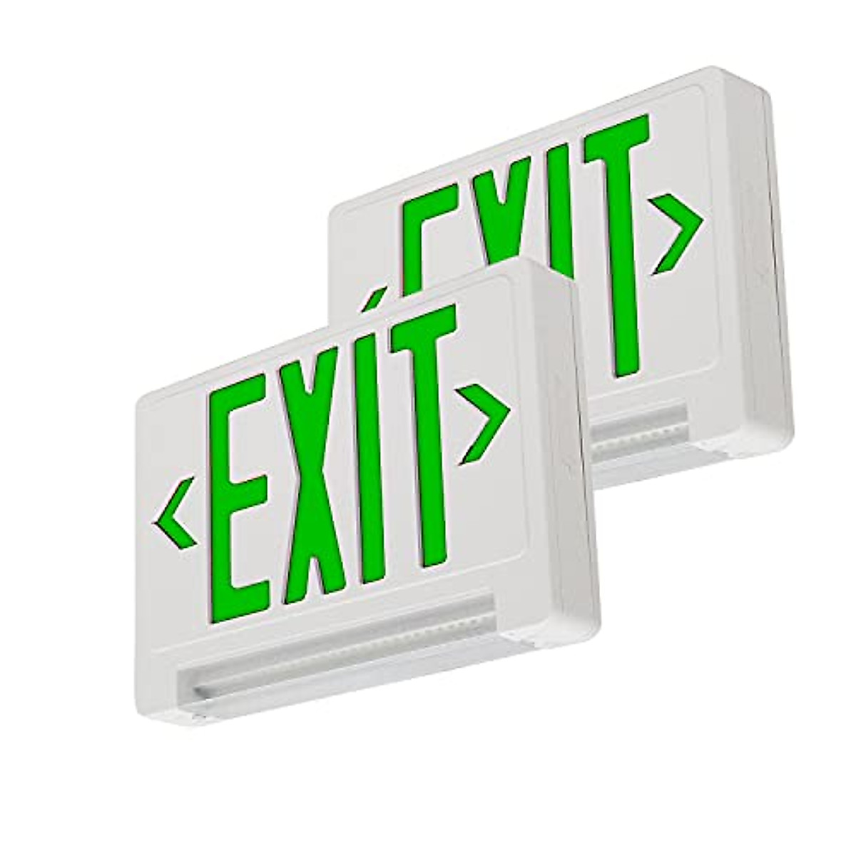 LFI Lights | Compact Combo Green Exit Sign with Emergency Lights | White Housing | All LED | Adjustable Light Bar | Hardwired with Battery Backup | UL Listed | (2 Pack) | COMBOLP-G