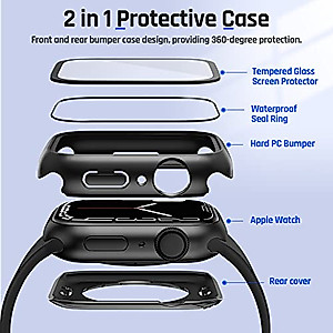 Goton 2 in 1 Waterproof Case for Apple Watch Series 8 & Series 7 45mm Screen Protector, 360 Protective Glass Face Cover Hard PC Bumper + Back Frame for iWatch 8/7 Accessories 45 mm, Black