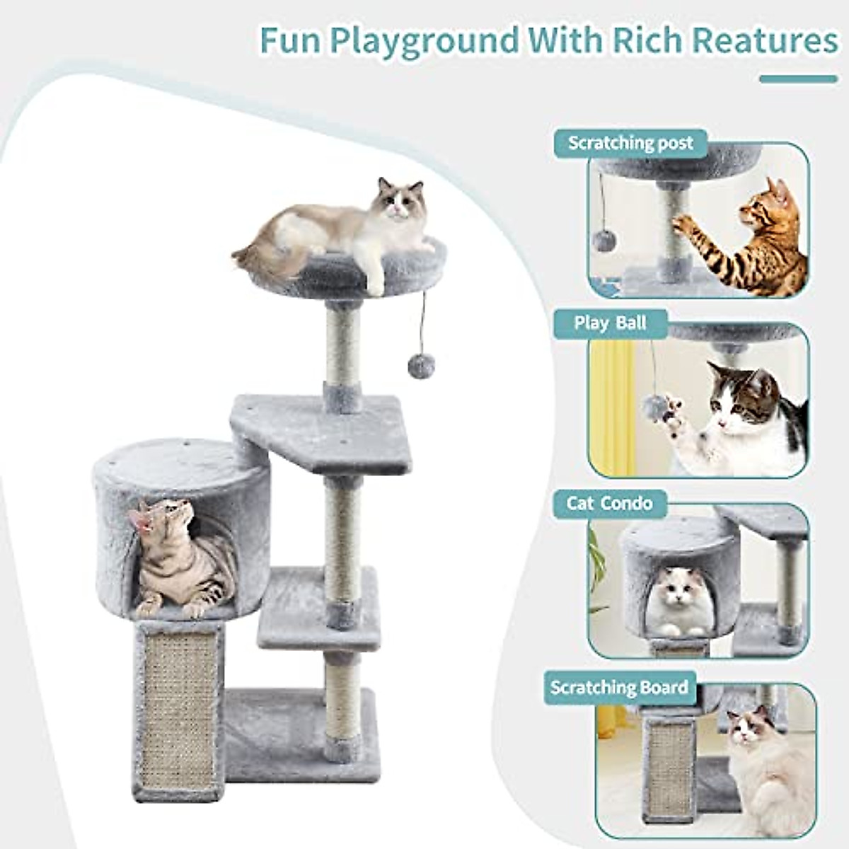 MIAO PAW 11Grey Cute Cat Tree Tower for Indoor Cats - Condo with Sisal Scratching Posts，Jump Platform Cat Furniture Activity Center Play House Bed