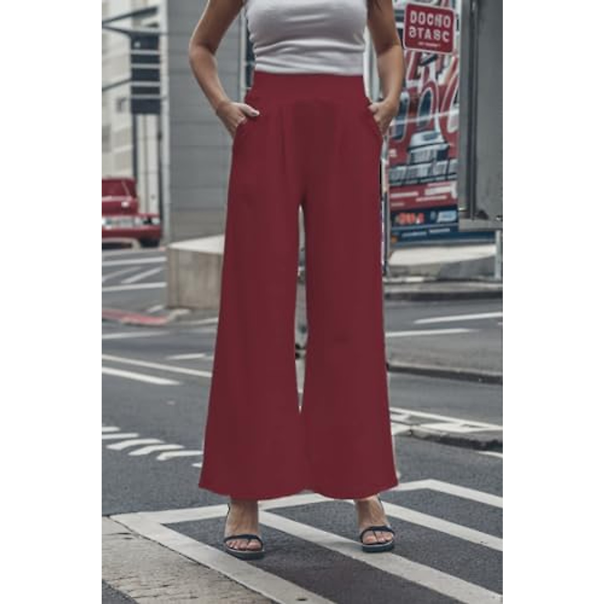 LROSEY Women's Stretchy Solid Color High Waisted Wide Leg Palazzo Pants with Pockets Wine