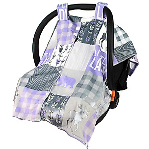 Dear Baby Gear Deluxe Reversible Car Seat Canopy, Custom Minky Print, Adventure Little Lady Faux Quilt Lavender and Lavender Lumberjack Plaid