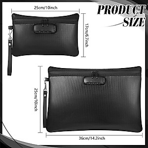 Nezyo Fireproof Safe Money Document Bag with Lock 2 Pcs Notary Journal Bag Waterproof Bag with Zipper for A4 Storage Pouch File Passport Tablet, 14 x 10 Inch and 6.7 x 10 Inch(Black, Horizontal)