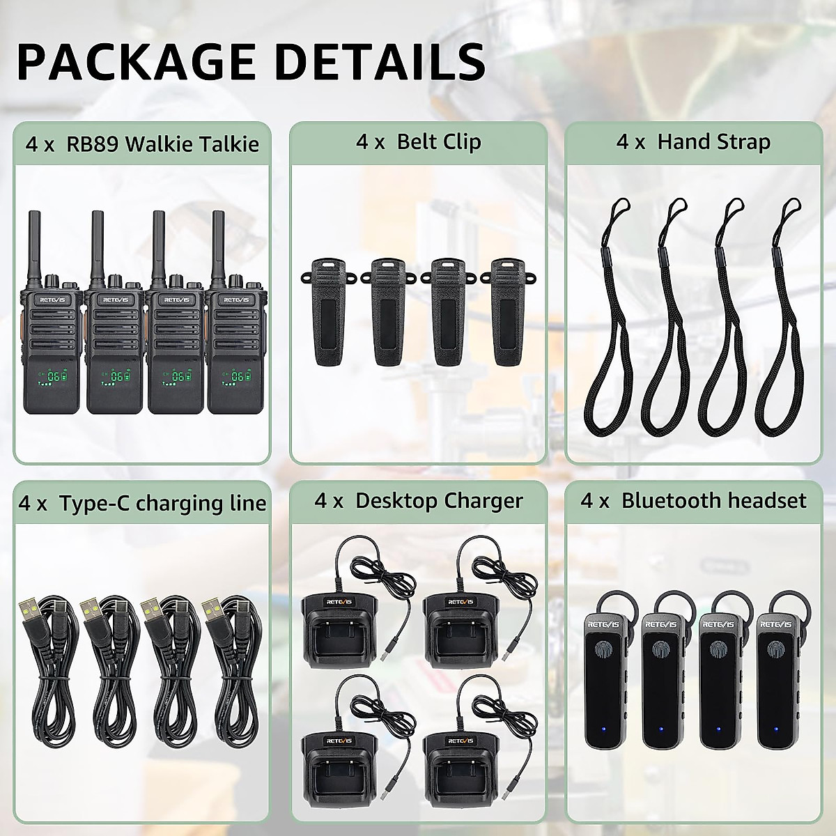 Retevis RB89 Walkie Talkies with Earpiece and Mic, Wireless Walkie Talkie, High Power GMRS, 2600mAh Battery, Two Way Radios Long Range Rechargeable for Construction, Hotels, School(4 Pack)