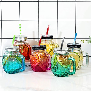 MyGift 17 oz Mason Jar Mug Glasses with Handles, Straws & Lids - Colorful Pineapple-Shaped Reusable Drinking Glass, Set of 6
