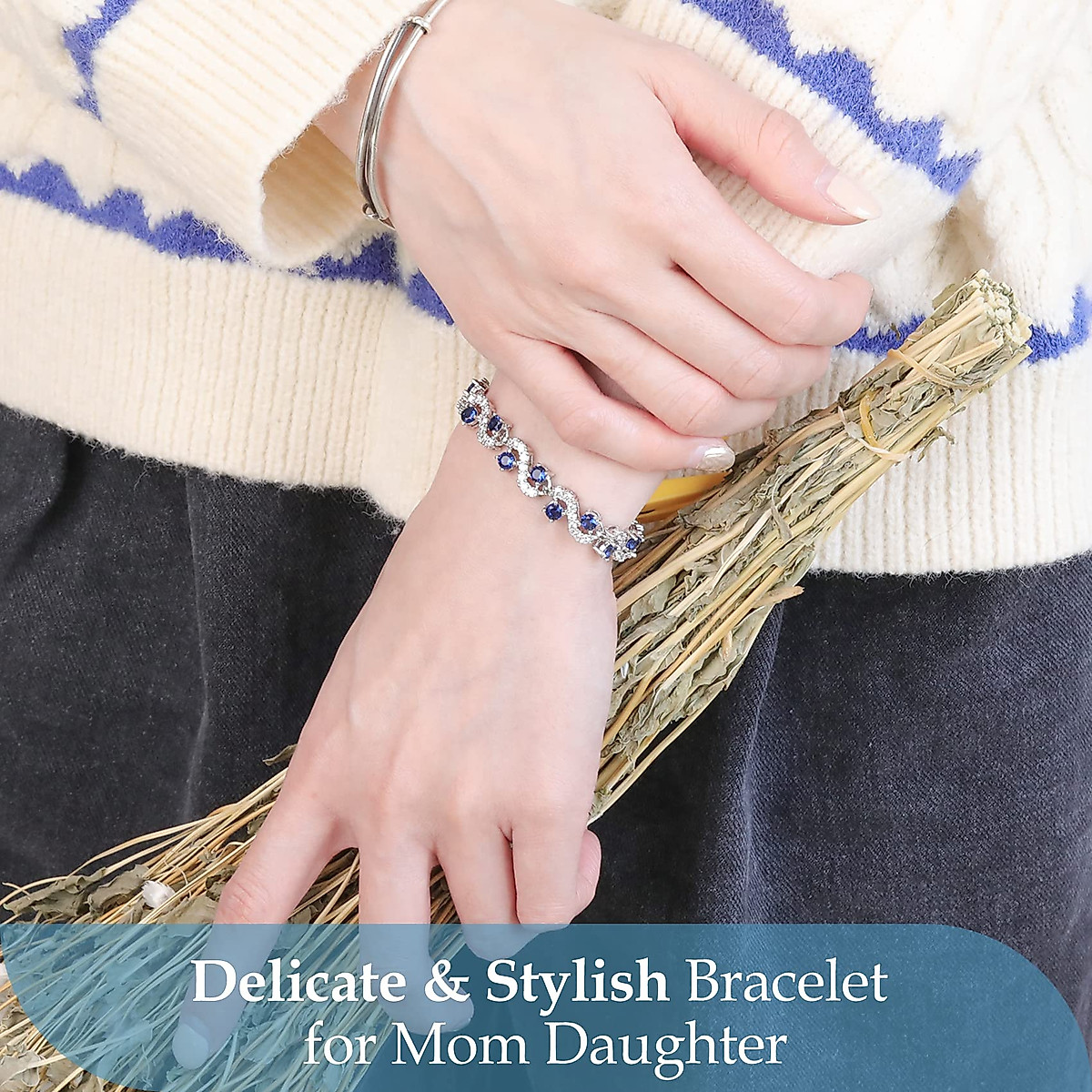 Feraco Blue Tennis Cubic Zirconia Bracelet for Mom Daughter Womens Classic 14K Plated Sapphire Bangle Crystal Valentine's Day Jewelry Gifts