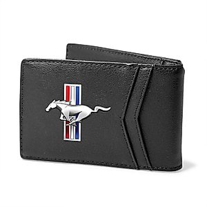iPick Image, Compatible with - Ford Mustang Tri-Bar Logo Black PU Leather Slim RFID Resistant Bi-fold Men Wallet