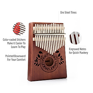 UNOKKI Kalimba 17 Key Thumb Piano with Ore Steel Tines, Includes Hard Case, Portable Mahogany Mbira with Instruction, Finger Covers & Tune Hammer, Gift for Kids, Adults, Men and Music Lovers (Cherry)