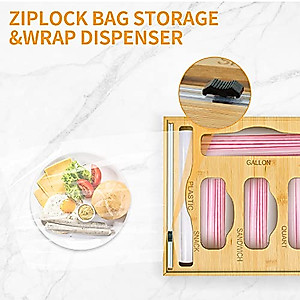 Ziplock Bag Storage Organizer with Cutter, 2 IN1 Bamboo Roll Plastic Bag Organizer for Kitchen Drawer, Compatible with Gallon Quart Sandwich Bag and Aluminum Foil Plastic Wrap