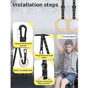 GHB Gymnastic Rings Wooden Gym Rings 1.25" Olympic Rings Adjustable Numbered Straps Pull Up Rings Sets for Workout Bodyweight Fitness Training