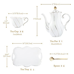 DUJUST 14 pcs Tea Set for 6 with Tea Tray & Spoons, Luxury British Style Tea/Coffee Cup Set with Golden Trim, Beautiful Porcelain Tea Set for Living Room Decor, Tea Party Set, Gift Package - White