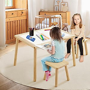 Beright Wooden Step Stools for Kids, Children's Stool fit with Sensory Table, Sturdy Sitting Stool with Assembled Four-Legged, for Children, Toddler, Square, 2 Pack