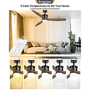 Ensenior 52’’ Wood Ceiling Fan with Light and Remote Control, Reversible and Silent DC motor, Modern Ceiling Fan with Remote for Bedroom, Living Room, 5CCT selectable LED Light, Black (335)