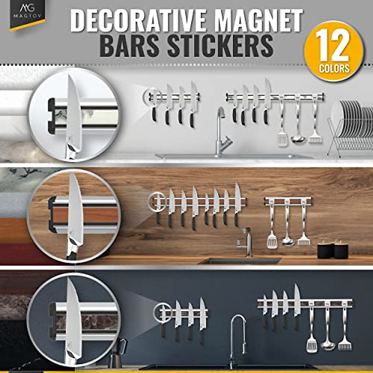 Knife Magnet Holder for Wall (Pack of 3) - Magnetic Knife Strip for Wall 10 inch - magnetic knife holder for Organizing Kitchen Utensils and Small Tools, HeavyDuty Magnetic Strip