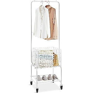 VEVOR Metal Rolling Laundry Basket with Hanging Garment Rack, Laundry Hamper Cart Adjustable Height with Basket Load and Shelf Load, Storage Organizer with Heavy Duty Lockable Wheels