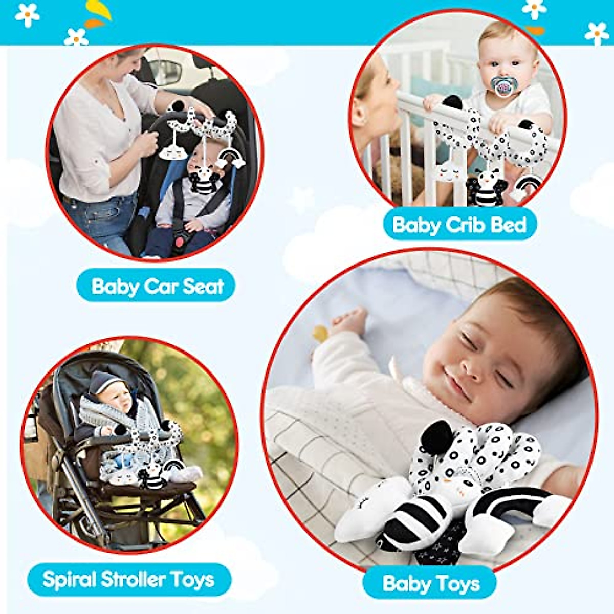 Baby Spiral Hanging Stroller and Car Seat Toys Black and White High Contrast Sensory Toy Newborn Plush Activity Toys for Bed Bassinet Crib Baby Carrier Gifts for 0 3 6 9 12 Months Girls Boys-BEE