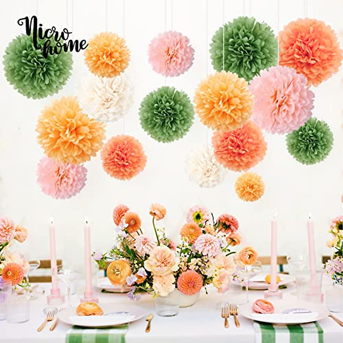 NICROHOME Baby Shower Decorations, 16PCS Sage Green, Bright Orange Tissue Paper Pom Poms for Birthday, Wedding, Spring Summer Party