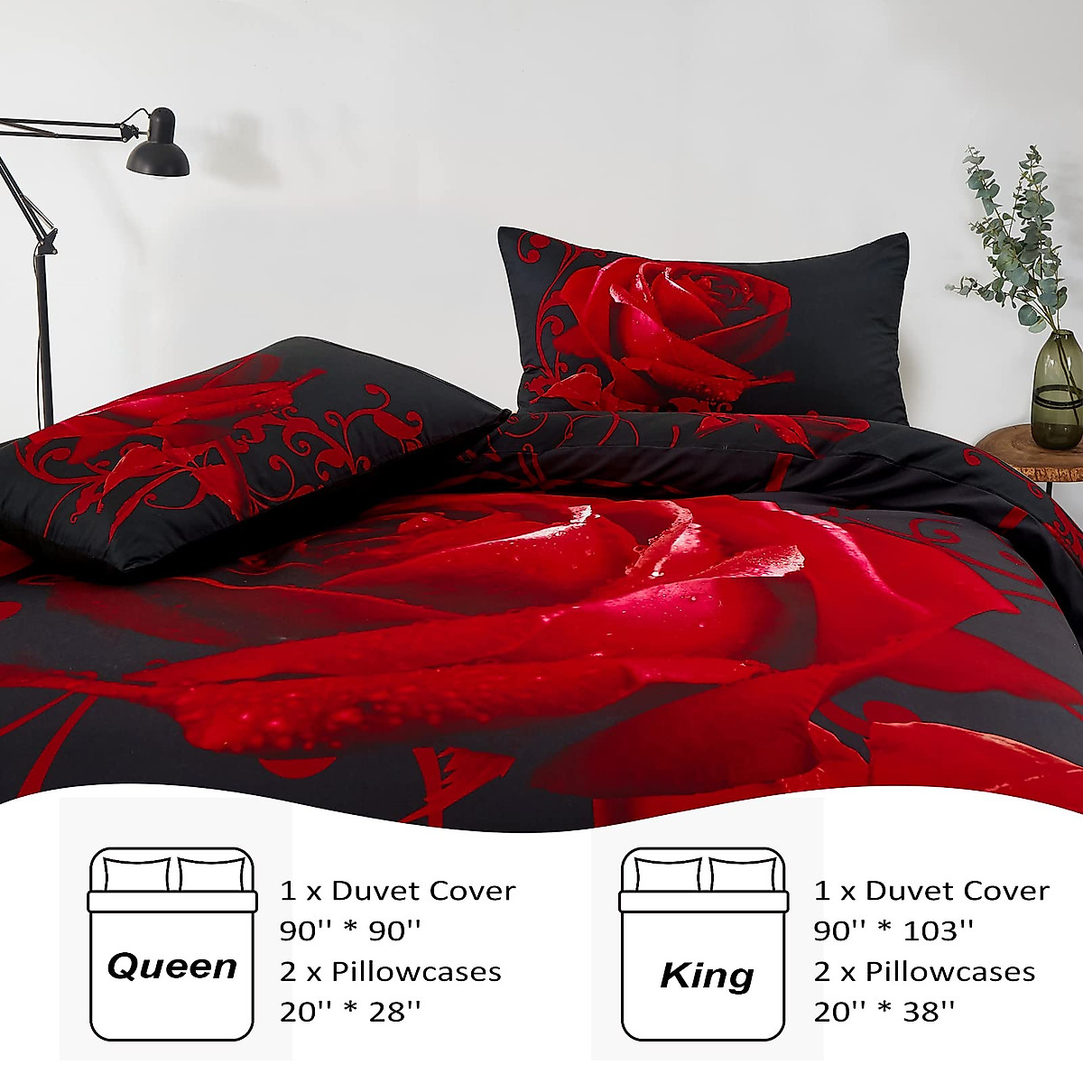 WONGS BEDDING Mother's Day Red Duvet Cover King, Reversible Red Rose Duvet Cover 3 Pieces with Zipper Closure-Ultra Soft Microfiber Bedding Set (1 Duvet Cover 90"x104"+2 Pillowcases)