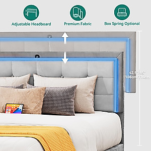 YITAHOME Queen Size LED Bed Frame, Storage Bed Frame with 4 Drawers & USB Ports, Upholstered Platform Bed with Velvet Headboard, Footboard and Built-in LED lights, No Box Spring Needed, Gray