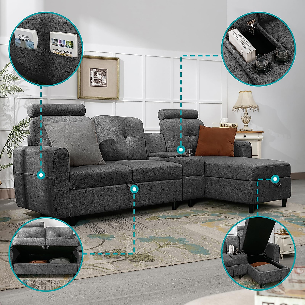 BALUS 88" W Reversible Living Room Sofa, Convertible L-Shaped Combination Sofa with Upholstery, Recliner with Storage, Modern Combination Sofa, belfin Combination Combination Sofa (Dark Grey)