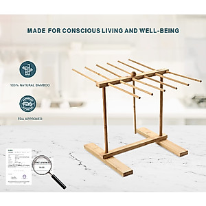 8SOM Bamboo Pasta Drying Rack with Transfer Wand and 12 Bars, Easy to Transfer for Drying Pasta and Cooking, Special Suspension Design for Large Storage