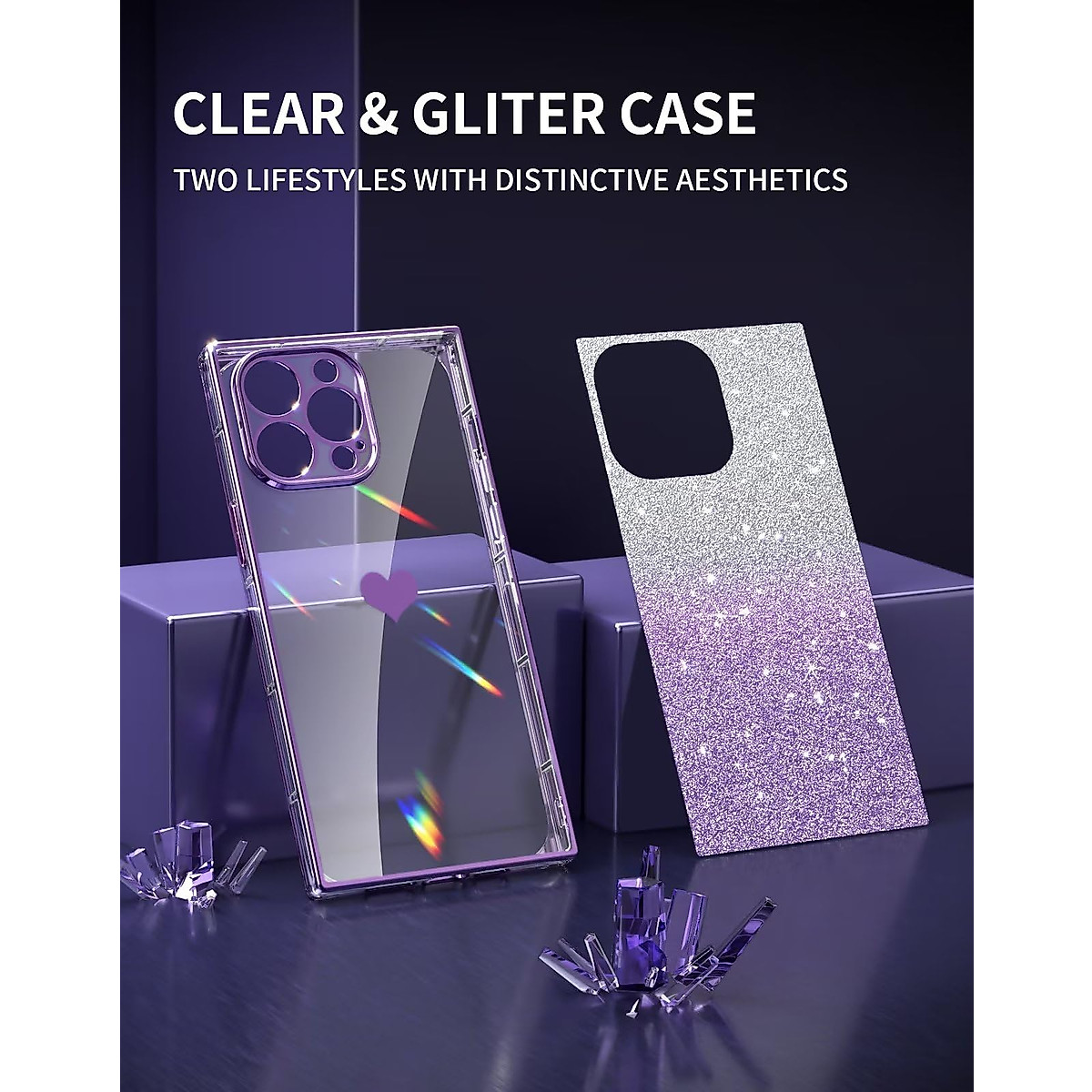Tzomsze for iPhone 14 Pro Max Case Square [2 in 1] Clear &Glitter Cute Heart Pattern,Full Lens Protection & Electroplate Reinforced Corners Shockproof Edge Bumper Case [6.7 inches] -Purple