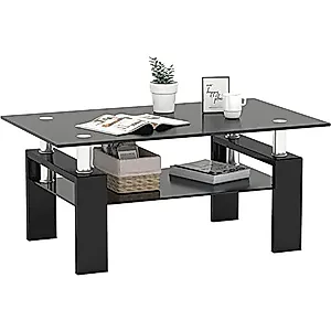 Tansole Rectangle Glass Coffee Table,Glass Coffee Tables for Living Room,Rectangle Clear Coffee Table for Home Office or Conversation Leisure Occasions,Rectangle Glass Cocktail Table,Wooden Leg,Black