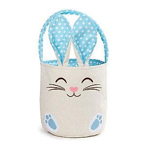 Personalized Bunny Ears Bucket Bag with Custom Name | Blue Polka Dot Liner Easter Bag with Handle | Soft Egg Basket for Kids | Customized Easter Basket | Great for Book and Toy Storage
