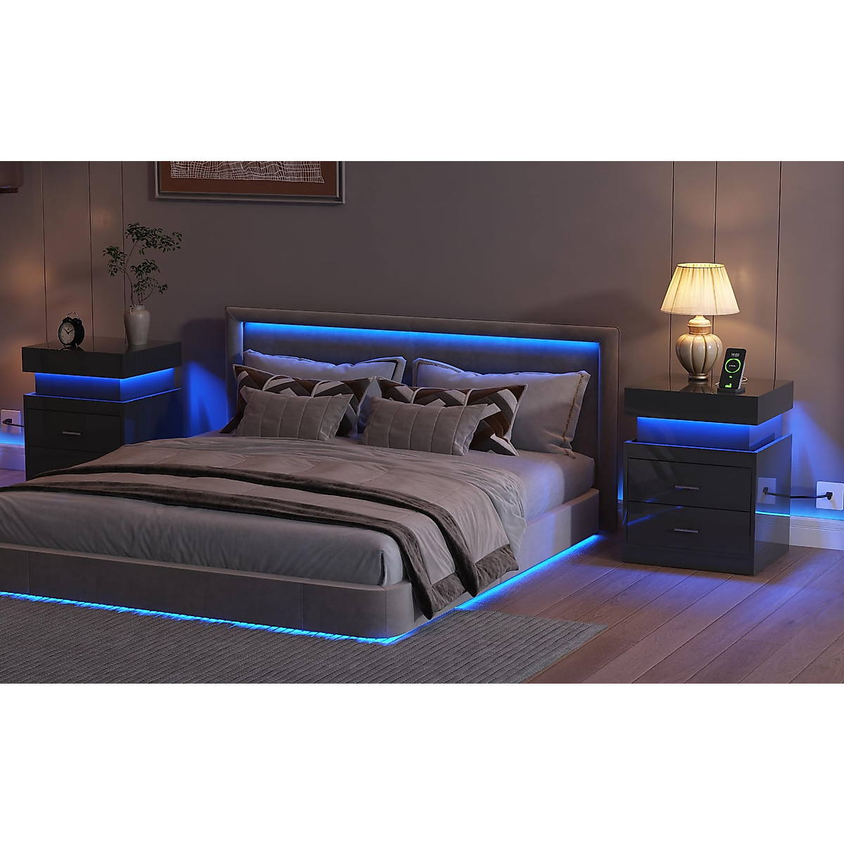 ChooChoo LED Nightstand with Charging Station,Smart Night Stand with Sliding Top Storage, 2-Drawers High Gloss Bedside Table, Modern End Table for Bedroom,Black