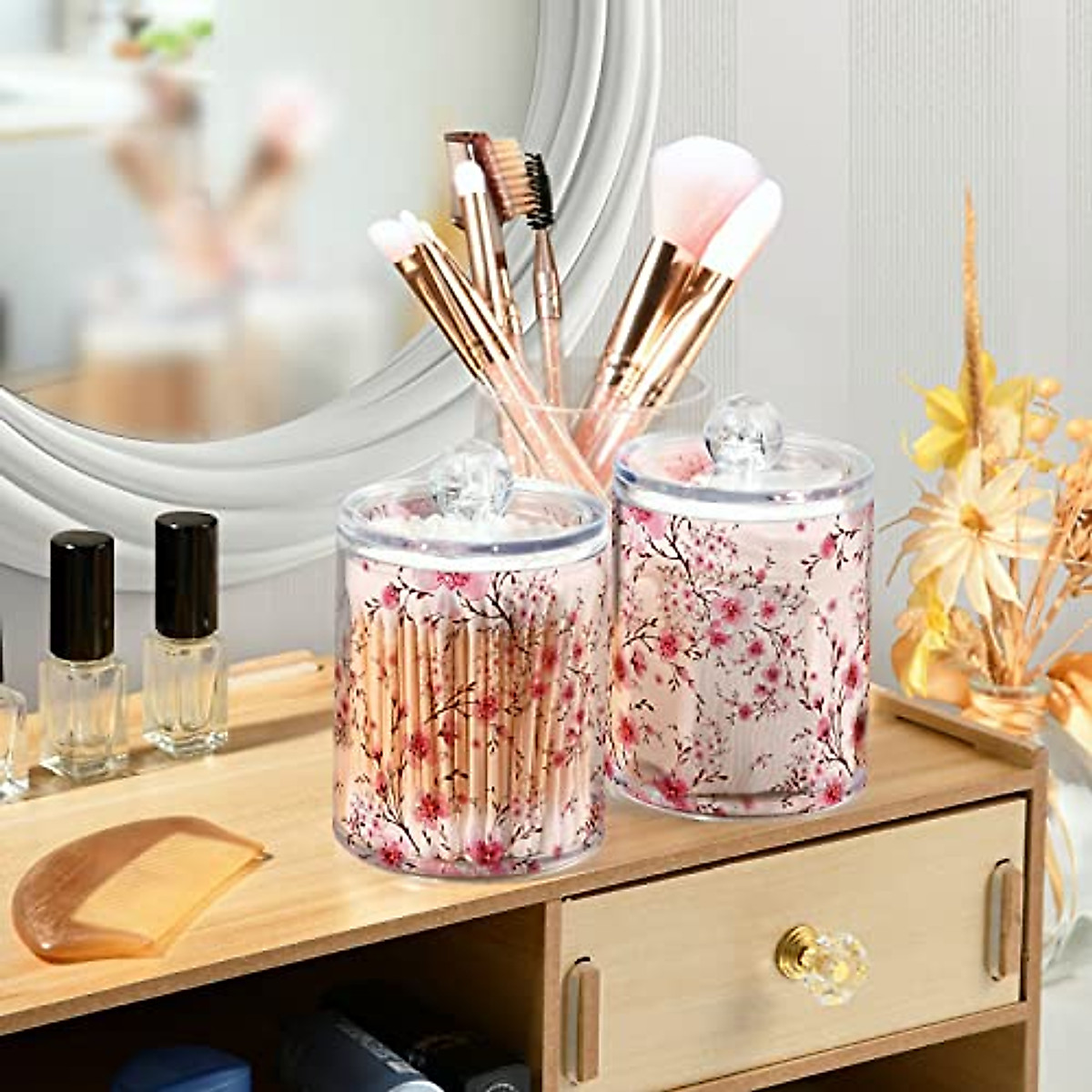 MNSRUU 2 Pack Qtip Holder Organizer Dispenser Pink Cherry Tree Bathroom Storage Canister Cotton Ball Holder Bathroom Containers for Cotton Swabs/Pads/Floss
