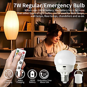 Rechargeable Light Bulbs, Battery Operated Light Bulb with Remote E26 LED Emergency Lightbulbs Warm White CCT with Timer Dimmable for Wall Wireless Sconce, Power Outage, Home, Porch (2 Lightbulbs)