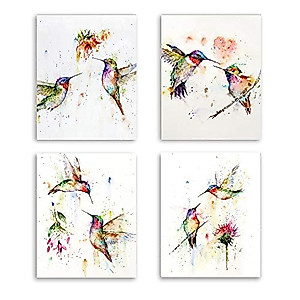 KAIRNE Abstract Birds Art print Watercolor Hummingbirds and Flower Branch Canvas Painting,Set of 4(8"x10") unframed,Nature Wall Art Poster For Living Room Bedroom Office Decoration