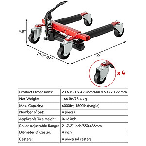 GarveeTech Car Wheel Dolly Set of 4, Hydraulic 6000lbs Car Skates, Heavy Duty Vehicle Positioning Wheel Dolly Jack with Foot Pedal for Tire Auto Repair Moving, Red
