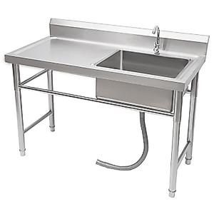 YSHUSTGY Compartment Stainless Steel Cabinets Commercial Kitchen Prep Sink Wash Table,Commercial Kitchen Prep Utility Sink W/Drainboard+Compartment Stainless Stee,Work Station Ledge
