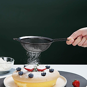 Kyraton Black Fine Mesh Strainer 3 Pieces Set, Flour Sifter For Baking, Stainless Steel Clander, Matcha Tea Strainer, Gravy Separator, Stasher Sieve Pasta Strainers