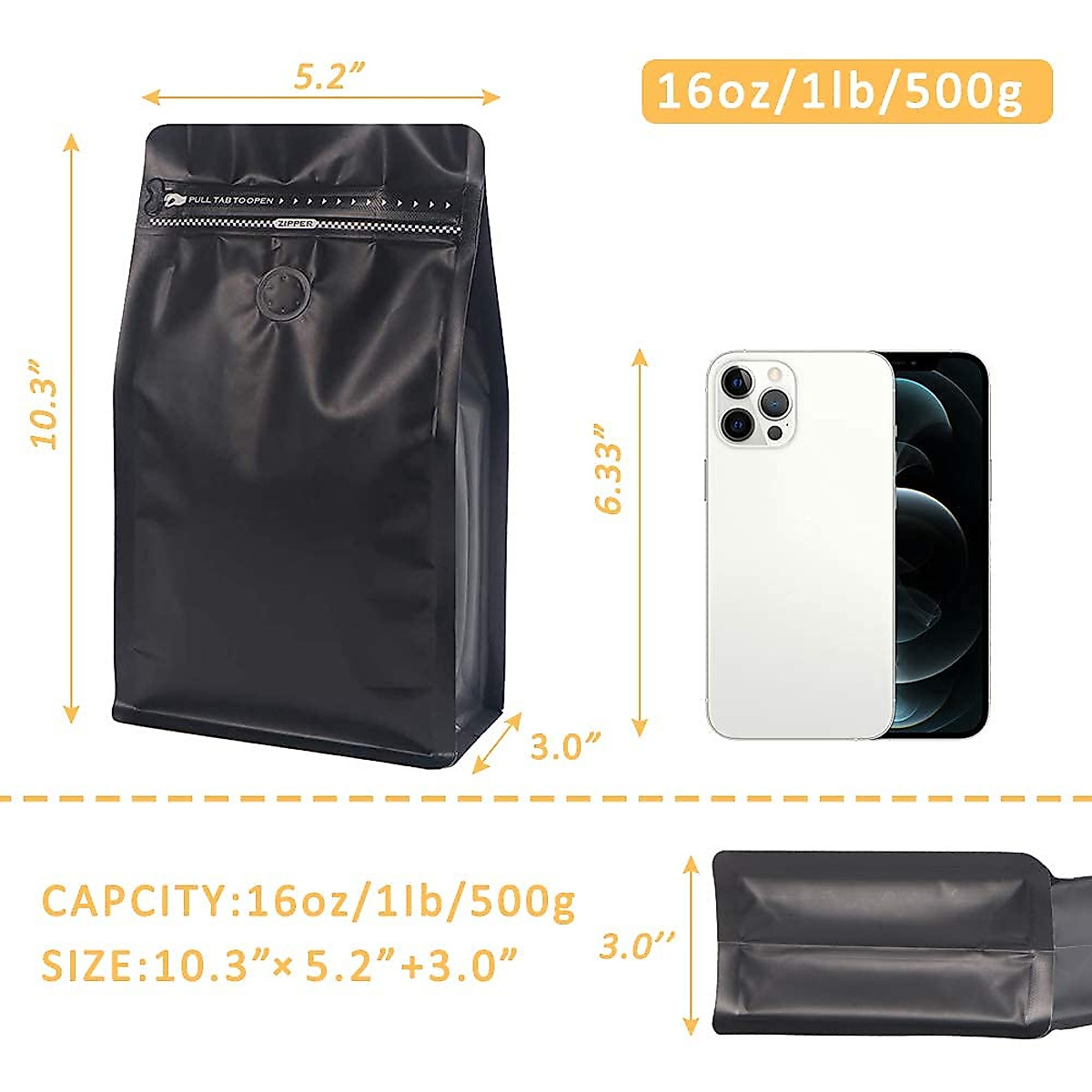 REMTAP Coffee Bags with Valve(50 pcs,16 oz/1 lb) Black High Barrier Aluminum Foil Flat Bottom Standing Empty Coffee Beans Storage Bag,Reusable Heat Sealable Side Zipper Pouches for Home or Store