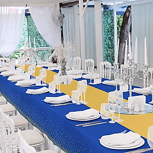 12 Pack Blue and Gold Tablecloth and Table Runner Party Decorations, Royal Blue and Gold Plastic Disposable Tablecloth and Satin Table Runner for Wedding Birthday Bridal Graduation Anniversary Party