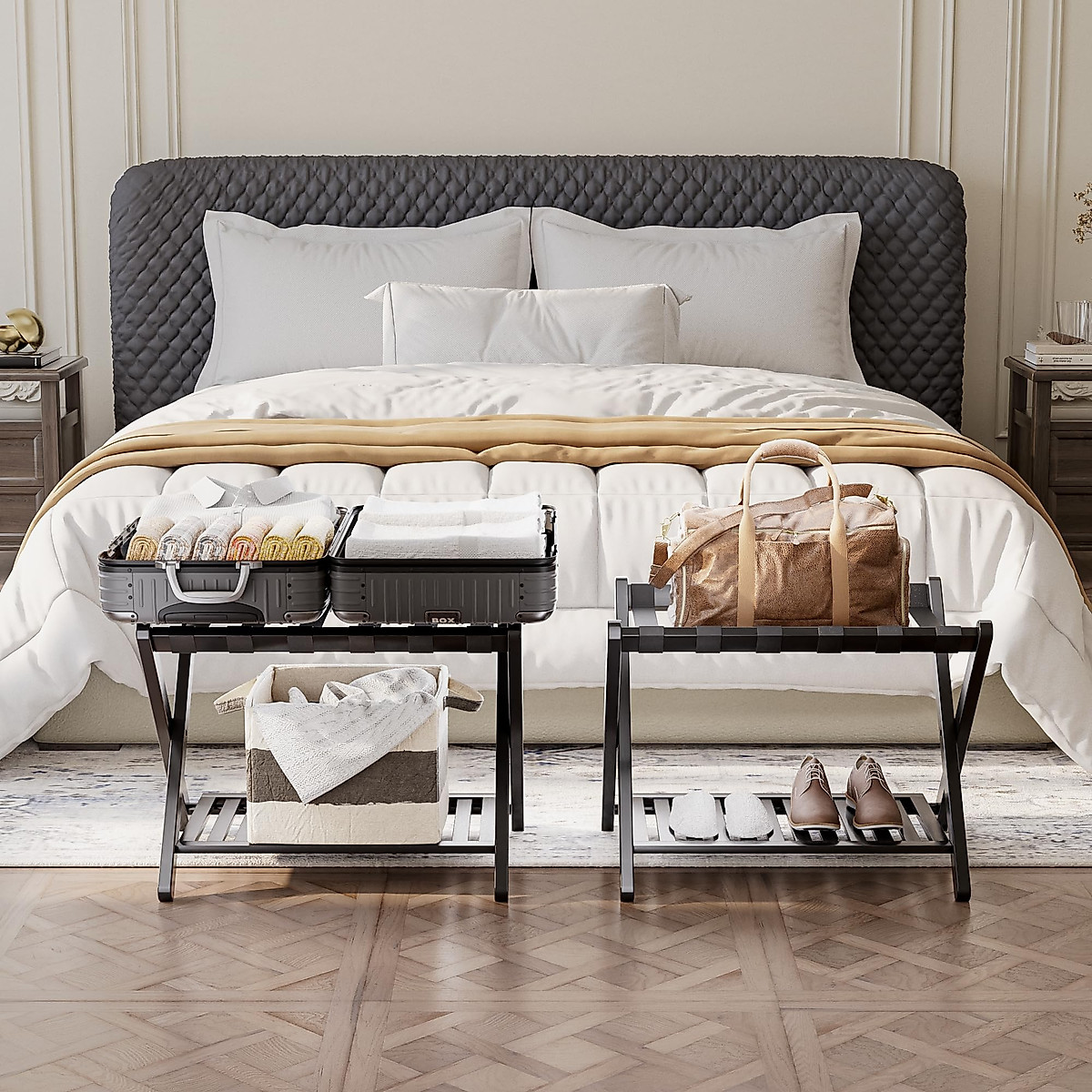 SMIBUY Luggage Rack, Foldable Bamboo Suitcase Stand with Storage Shelf for Guest Room, Bedroom, Hotel, Heavy-Duty, 1 Pack (Black)