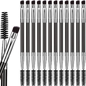 12 Packs Duo Eyebrow Brush, Spoolie Brush and Angled Brow Brush, Multi-functional Mini Eyelash Brush for Tinting Angled Eyebrow, Suitable for Cream Gel (Silver)